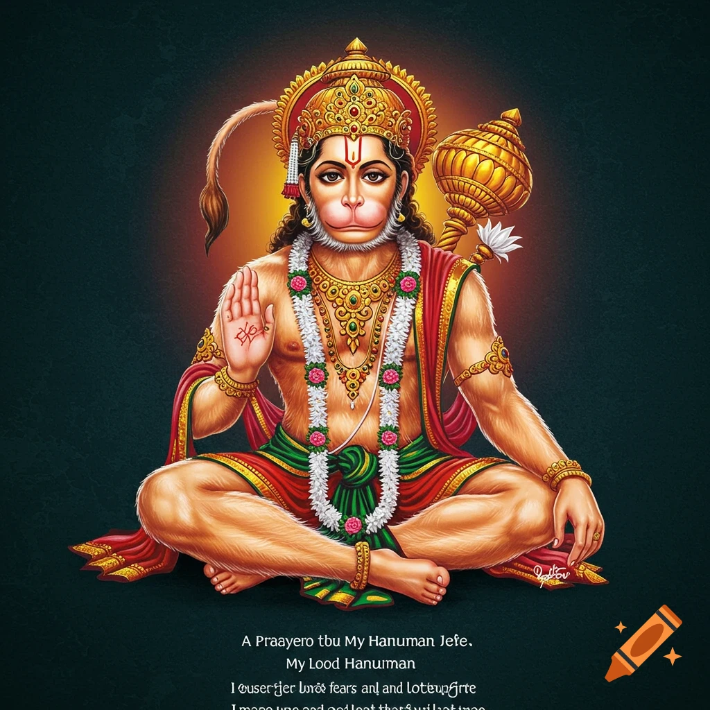 Lord Hanuman seated in meditation with blessing hand gesture on Craiyon