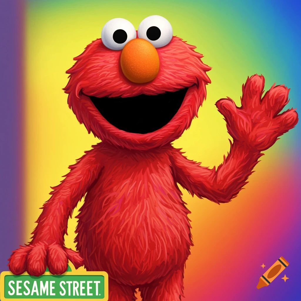 Elmo waving, against a rainbow gradient background with a Sesame Street ...