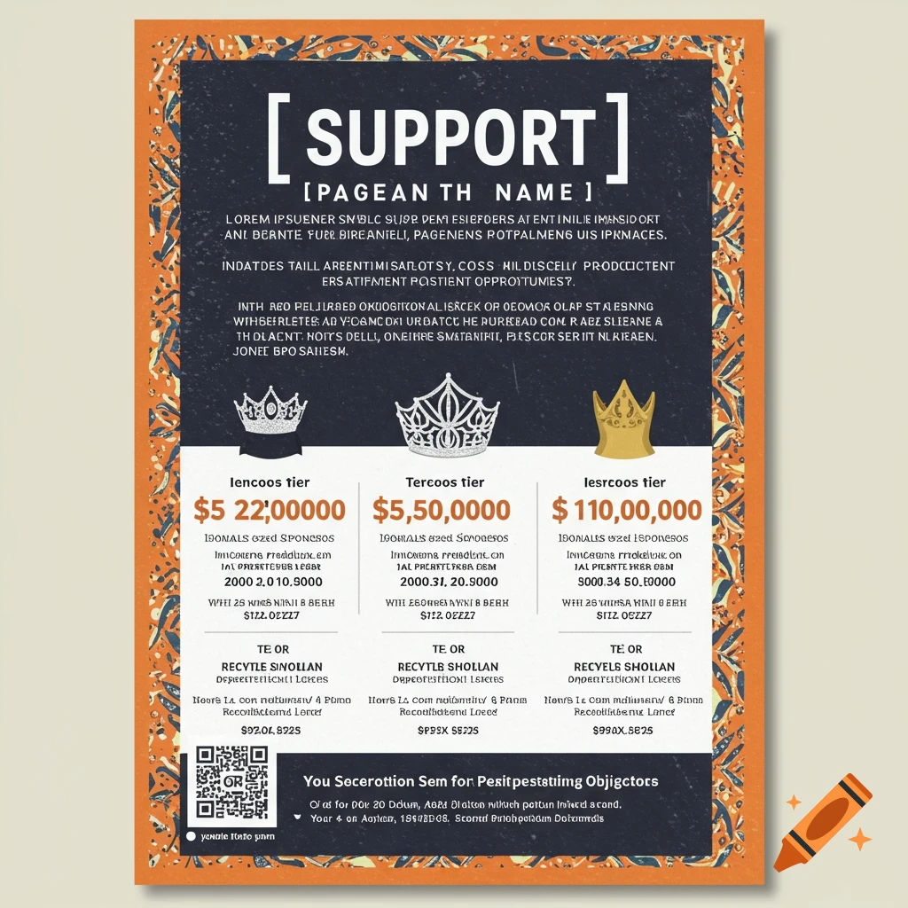 Flyer for pageant donations, listing contribution tiers up to $1,000 on ...
