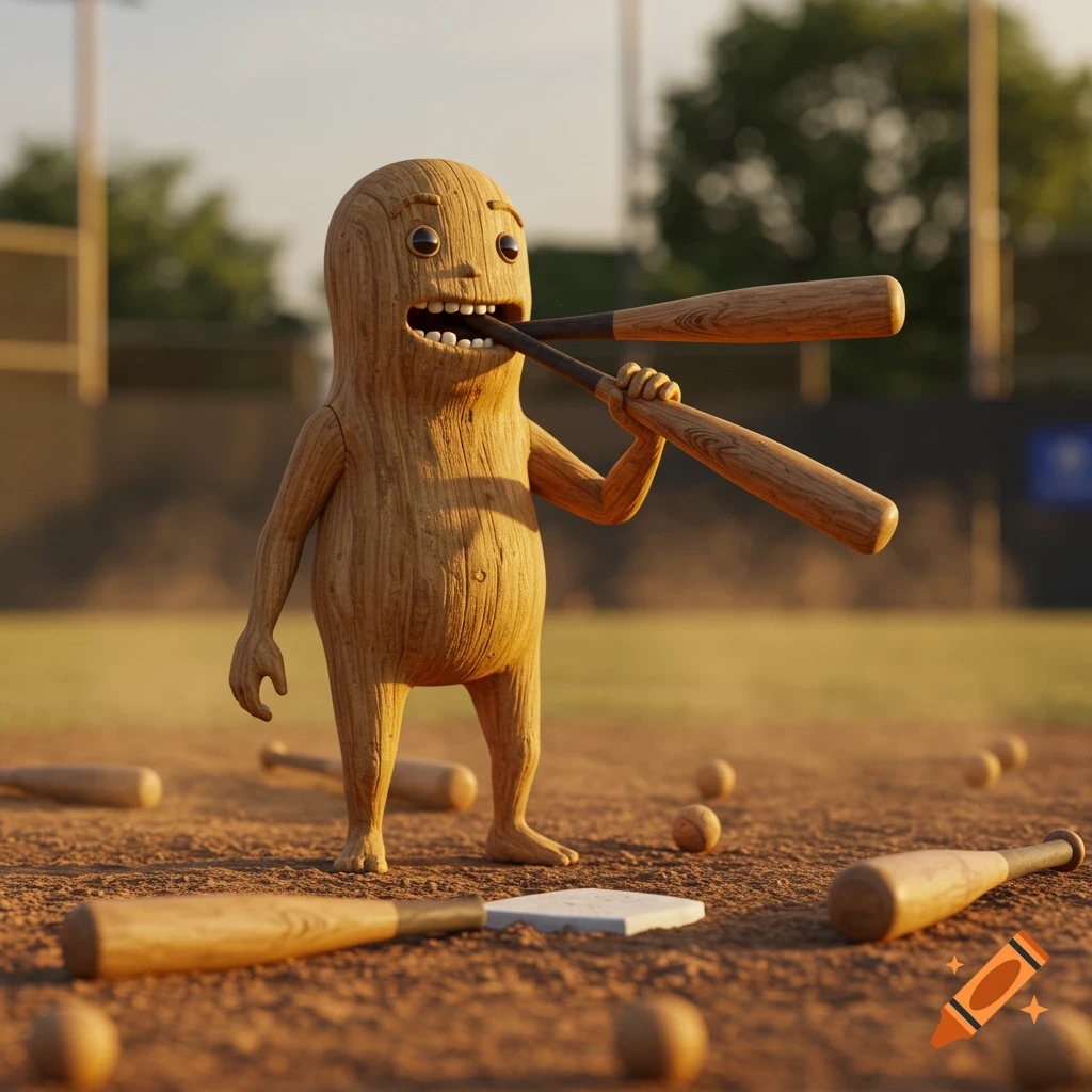 A wooden mannequin holding a baseball bat runs down a street away from ...