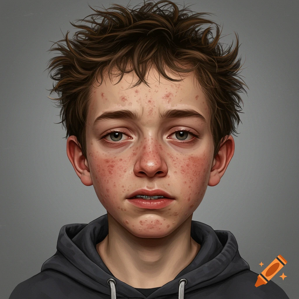 A 14 year old boy with acne, braces, hoodie and brown hair on Craiyon