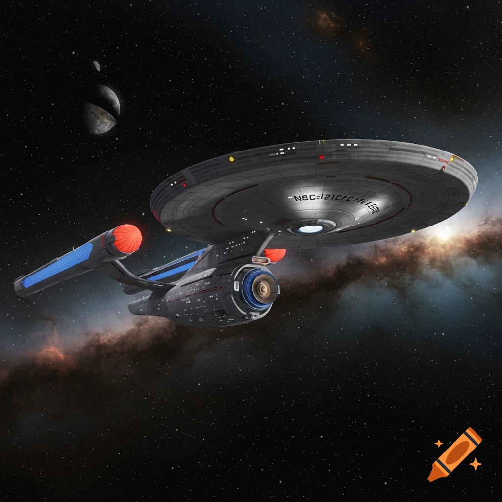 A spaceship resembling a Star Trek vessel flies through space near ...