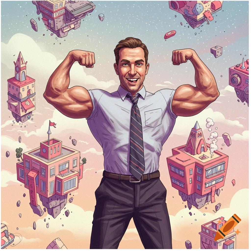 A muscular man in a shirt and tie flexes in front of floating buildings ...