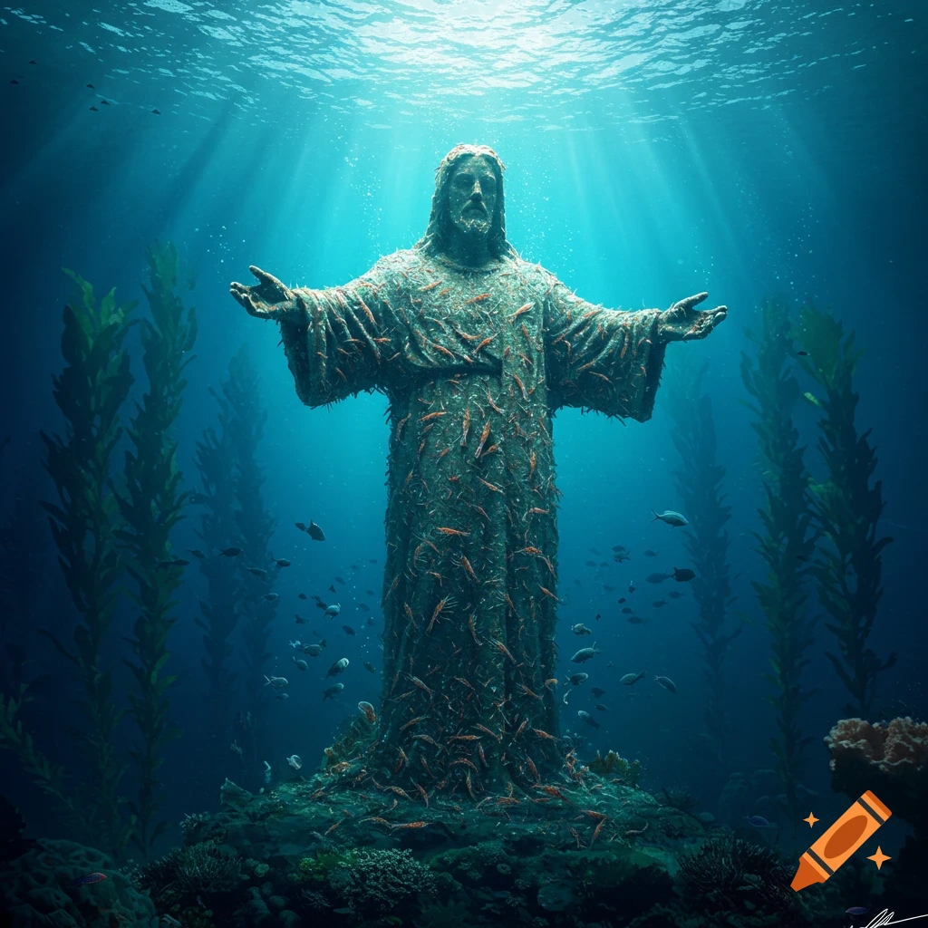 An underwater statue of Jesus covered in shrimp, surrounded by kelp and ...