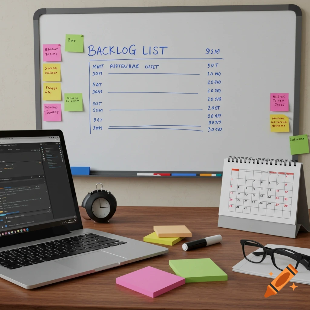 A cluttered desk with a laptop, sticky notes, calendar, and glasses, in ...