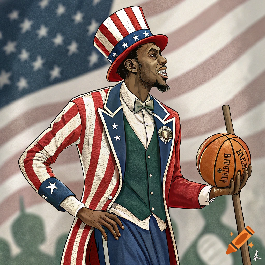 Illustration of a basketball player dressed as Uncle Sam holding a ...
