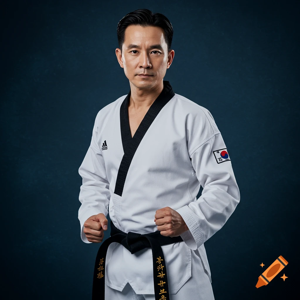 Photorealistic portrait of a male Taekwondo instructor in uniform with a black collar. Photo ...