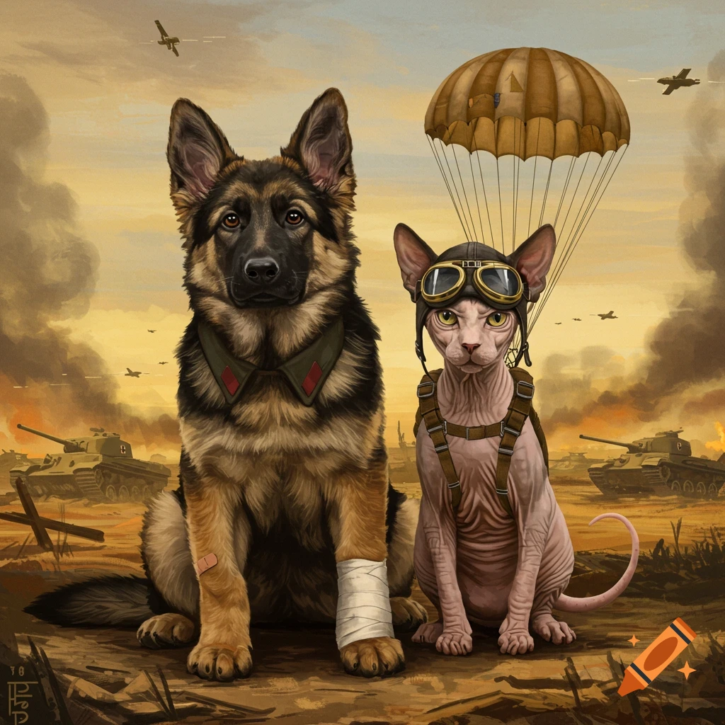 German Shepherd and Sphynx cat team up in WW2 on Craiyon