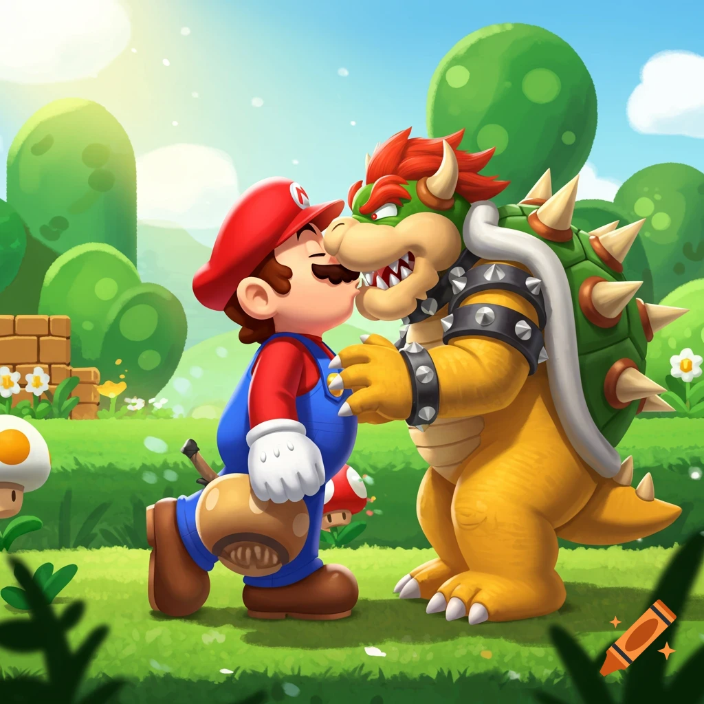 Mario kissing Bowser on Craiyon