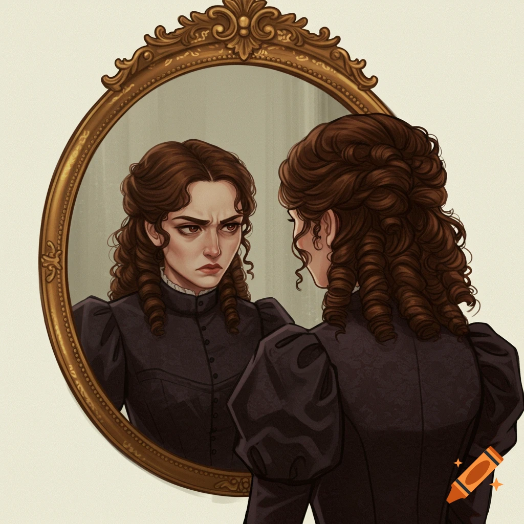 1800s woman frowning in mirror, colored pencil drawing on Craiyon