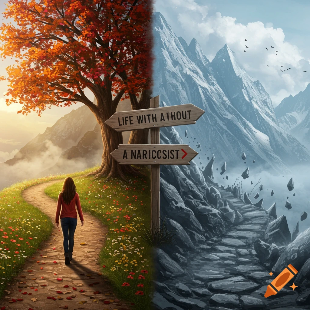 Woman at crossroads with paths representing life with and without a ...