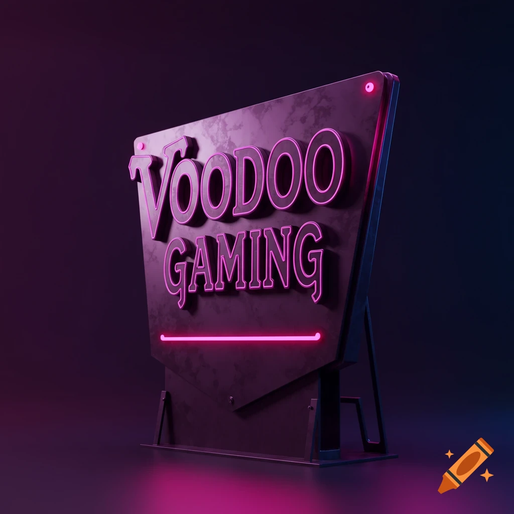 A futuristic 3D sign with pink neon text reading "Voodoo Gaming" in a ...