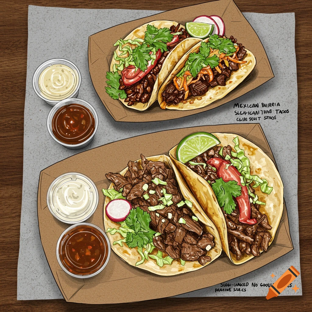 Two servings of tacos with sauces and garnishes, rendered in an ...