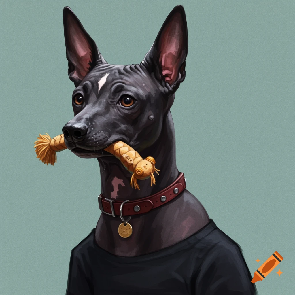 Athletic Xolo dog as a human carrying a toy on Craiyon