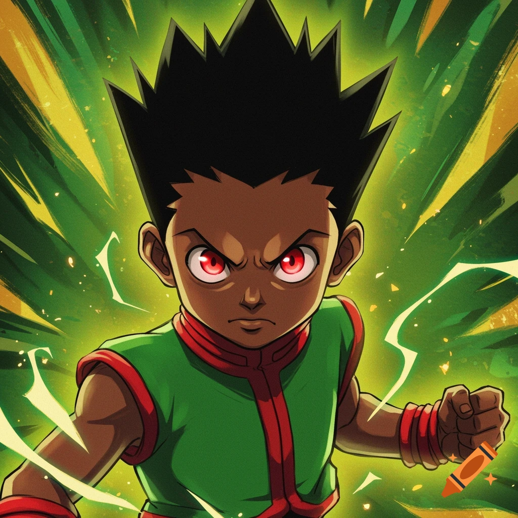 Hunter x Hunter anime-style boy with black hair and red eyes on Craiyon
