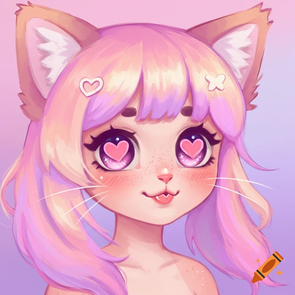 A character with pink hair, cat ears, whiskers, and heart-shaped ...