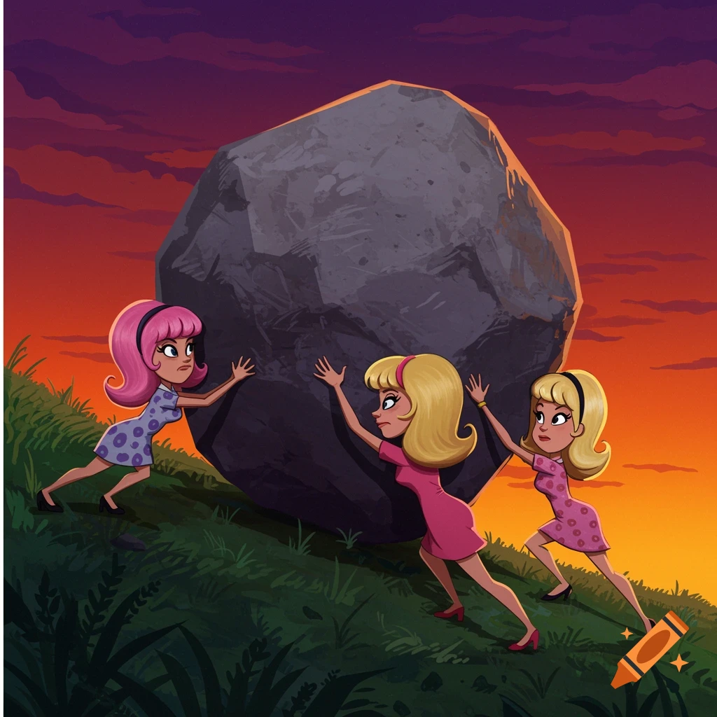 The Bimbettes pushing a giant boulder up a hill in 2D digital art on ...