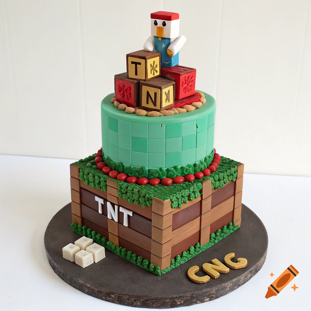 Minecraft cake with TNT base and chicken jockey top tier on Craiyon
