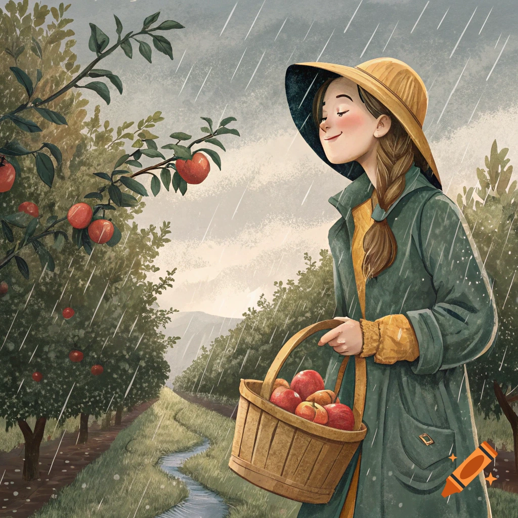 Illustration of a young woman picking apples in the rain in an orchard ...