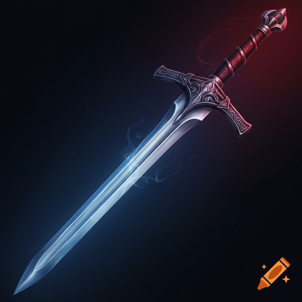 An ornate sword is pictured against a dark background with blue and red ...
