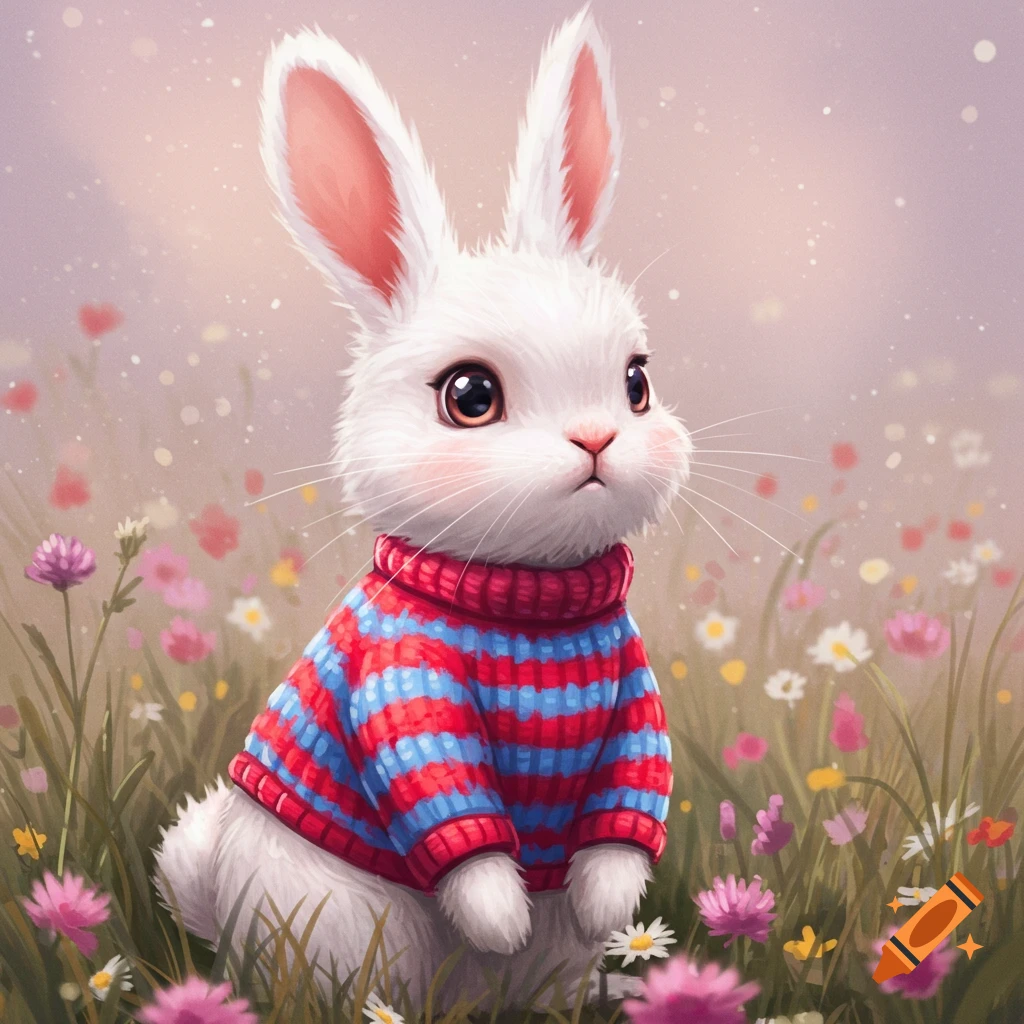 Cute fluffy white bunny wearing a vest stands in a field under a blue ...