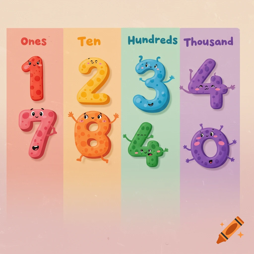 Cartoon numbers with faces under headers: Ones, Ten, Hundreds, Thousand ...