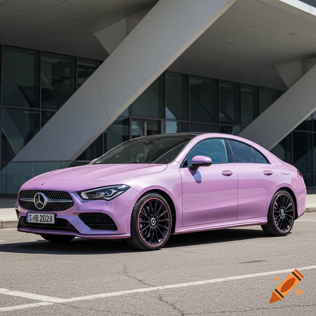 Mercedes CLA 250 with lavender glitter wrap and pink accents on Craiyon