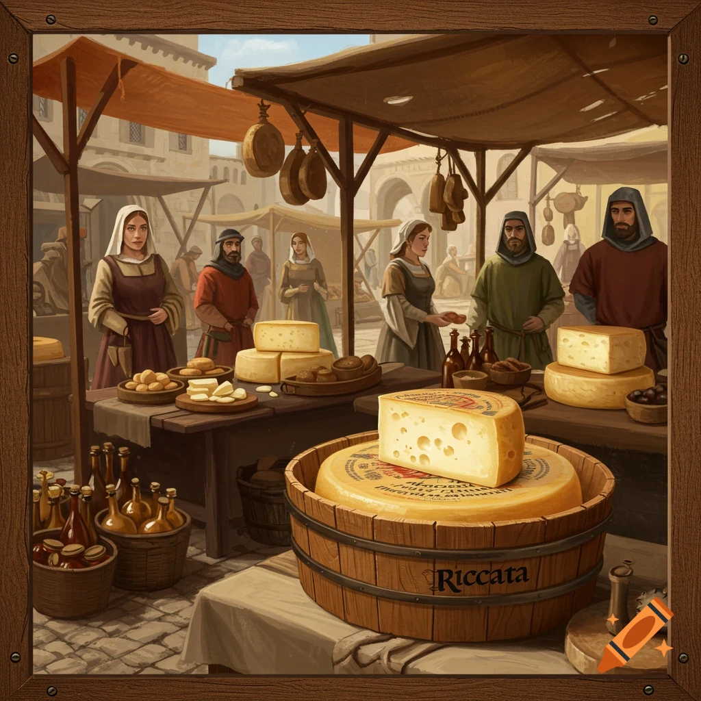 A medieval market scene with people and Riccata cheese displays. on Craiyon