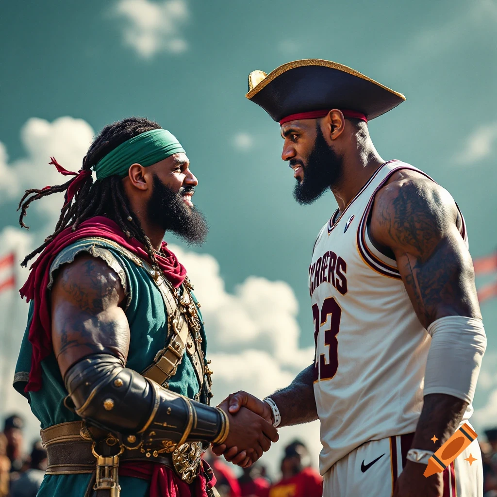 Master Chief shaking hands with LeBron James wearing a pirate hat on ...