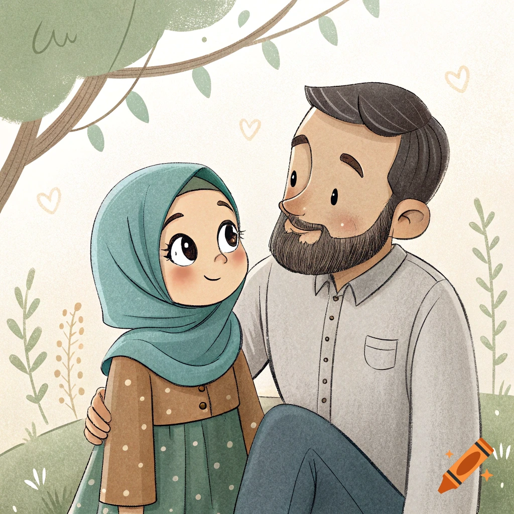 Cartoon illustration of a father and daughter sitting outdoors. The ...