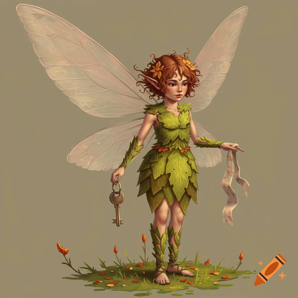 A fairy with wings and a leaf dress is holding a key and fabric. on Craiyon