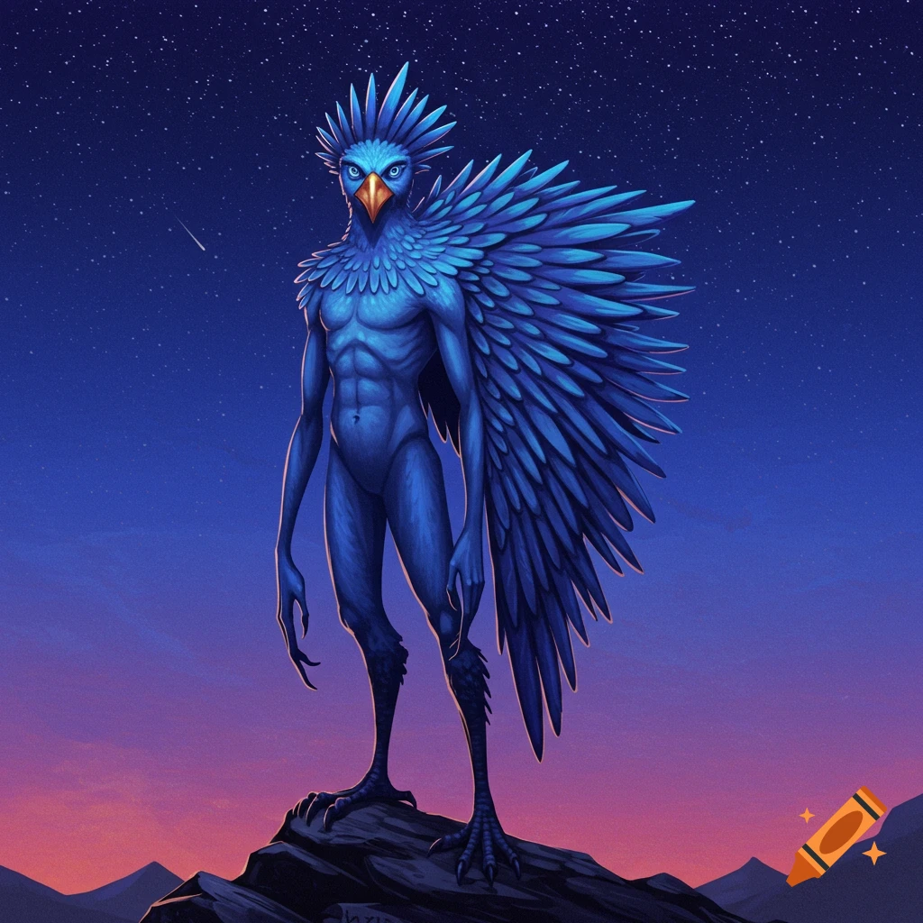 Blue alien with wings and fur stands against a starry sky. on Craiyon
