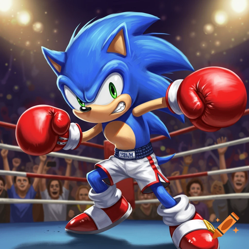 Cartoon of Sonic the Hedgehog boxing in a ring on Craiyon