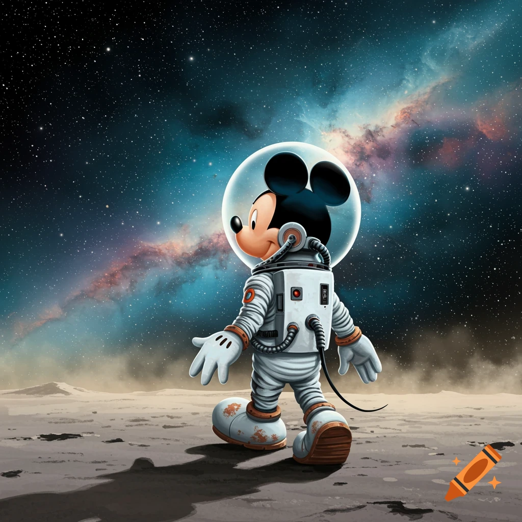 Mickey Mouse in a retro space suit walks on a planet surface with a ...