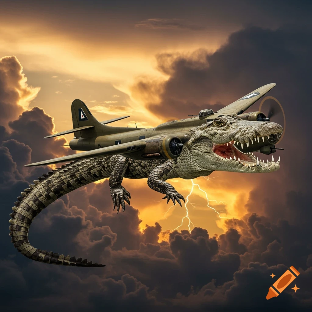A photorealistic image of a crocodile with bomber plane wings and ...