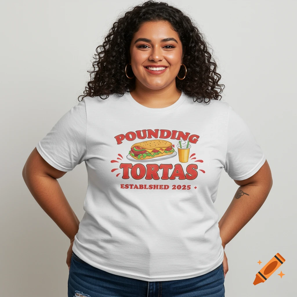 T-shirt design featuring "Pounding Tortas" text and a Mexican lady on ...