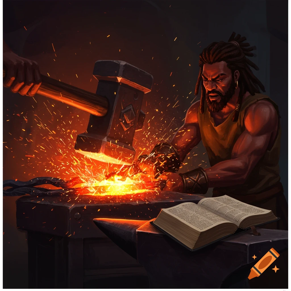 Refiner's hammer striking a forge with sparks and a Bible on Craiyon