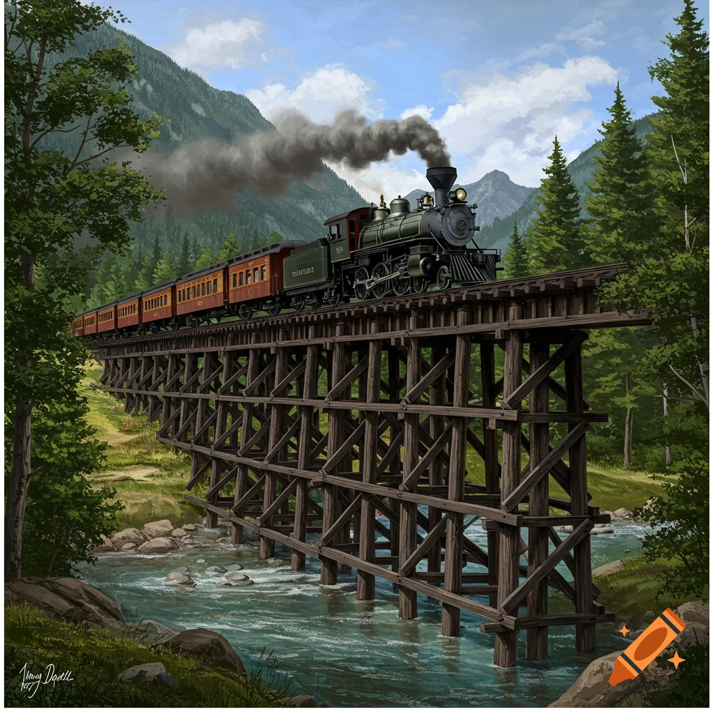 Early 1900s passenger train crossing wood trestle bridge, mountain ...
