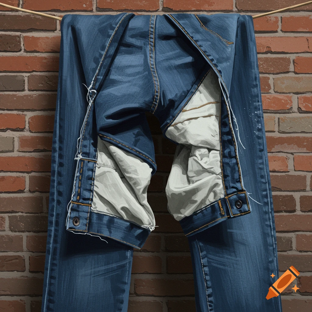 Inside out blue jeans hanging on a clothesline against a brick wall. on ...