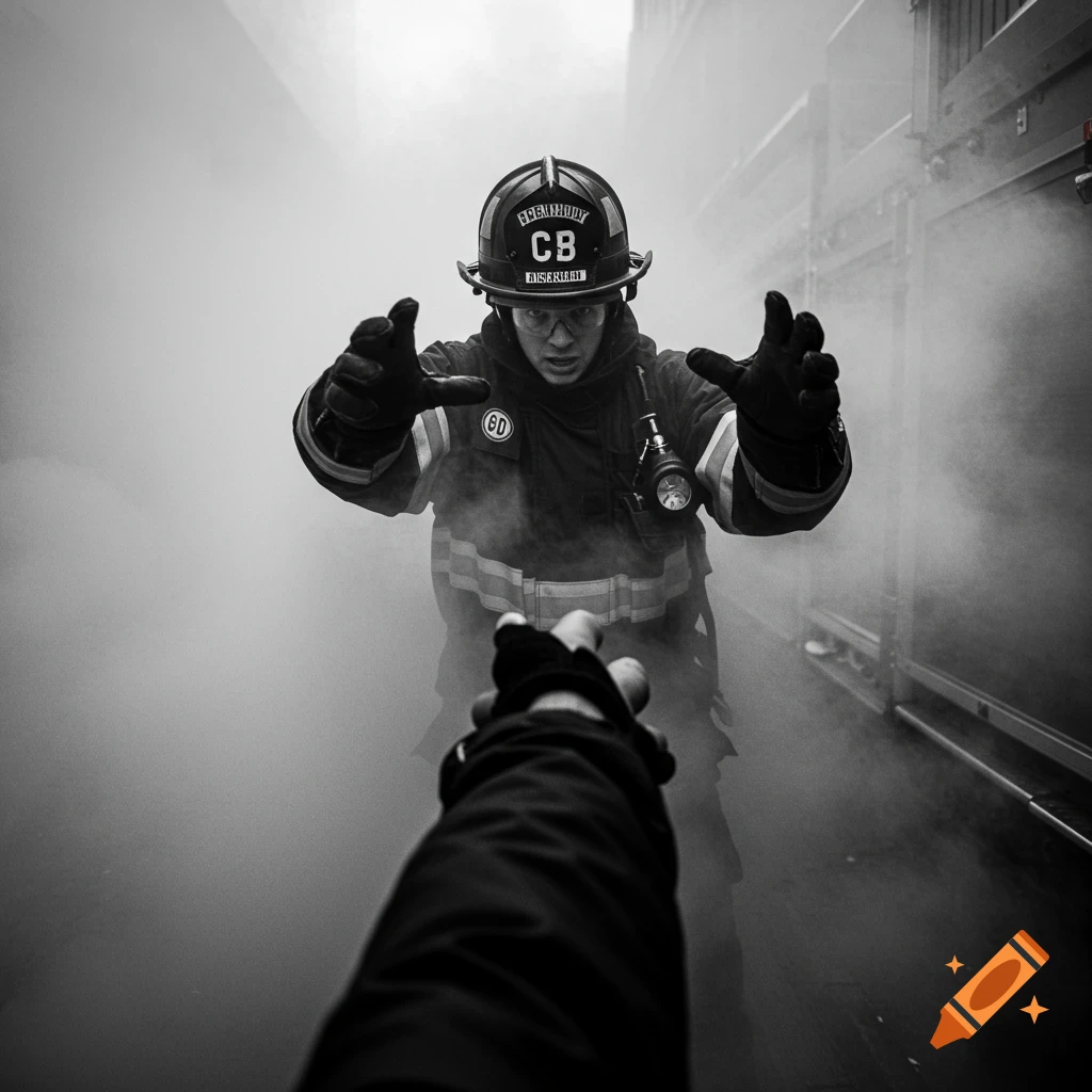 Black and white image of a firefighter reaching through smoke towards ...