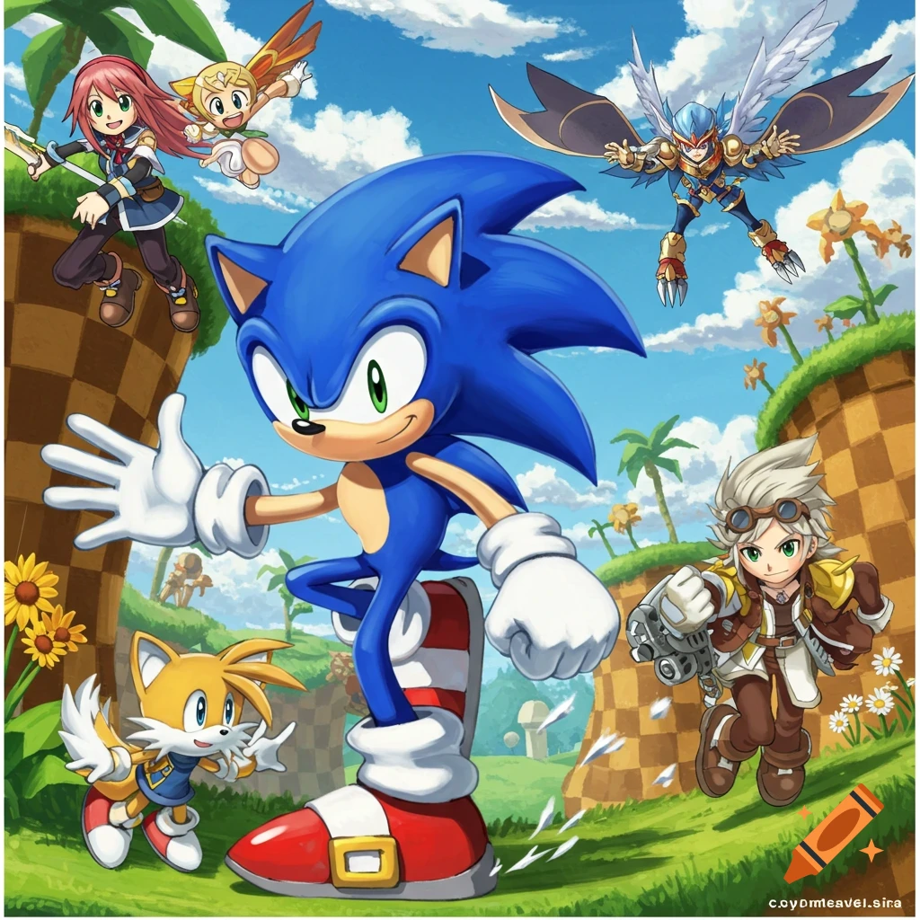 Sonic and Tails run alongside other characters in a grassy landscape ...