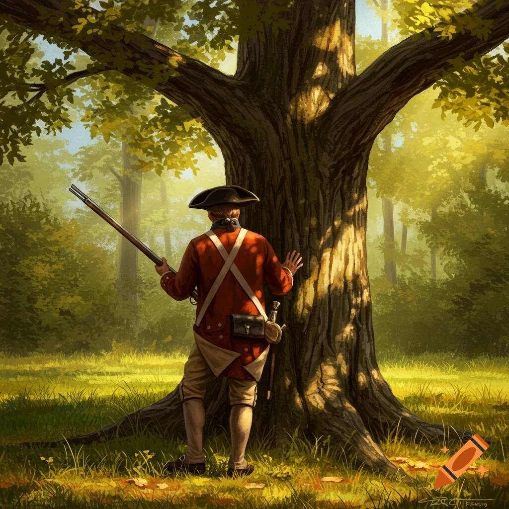 Continental soldier with musket hiding behind tree, 1777 on Craiyon