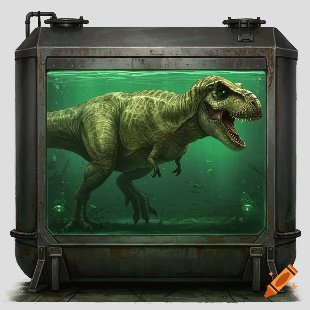 A Tyrannosaurus Rex is in a large glass science lab tank filled with ...