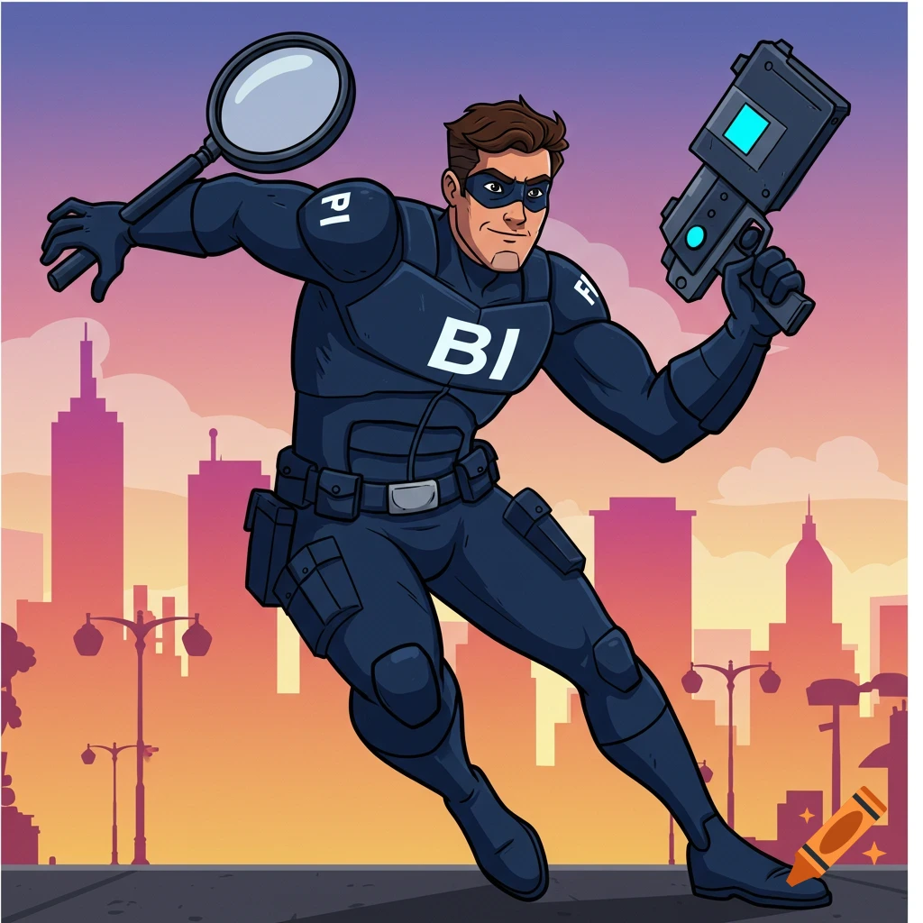 Cartoon superhero in a dark blue suit with a magnifying glass and gun ...