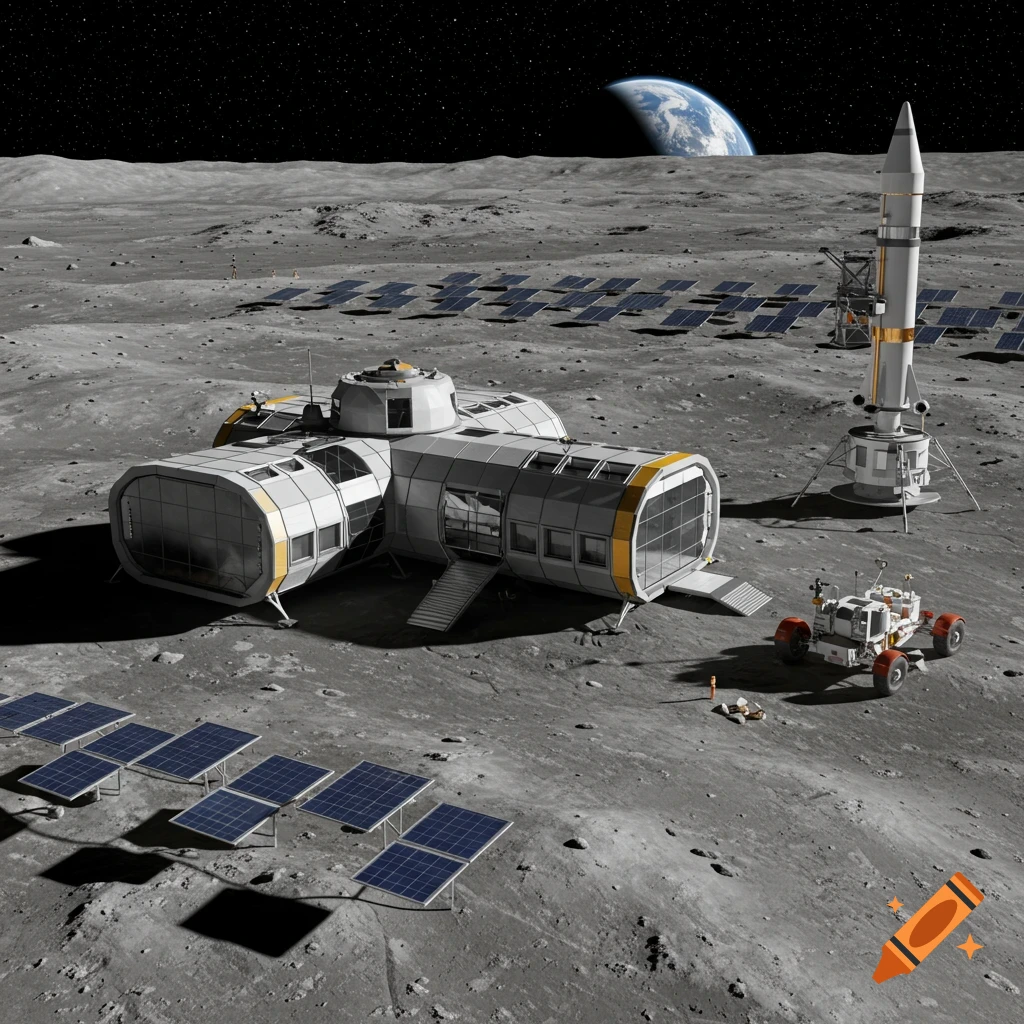 Realistic moon base with solar panels and rover. on Craiyon
