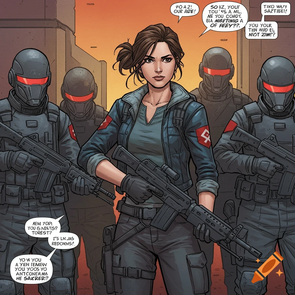 Comic book art of a young woman surrounded by soldiers, ready for ...