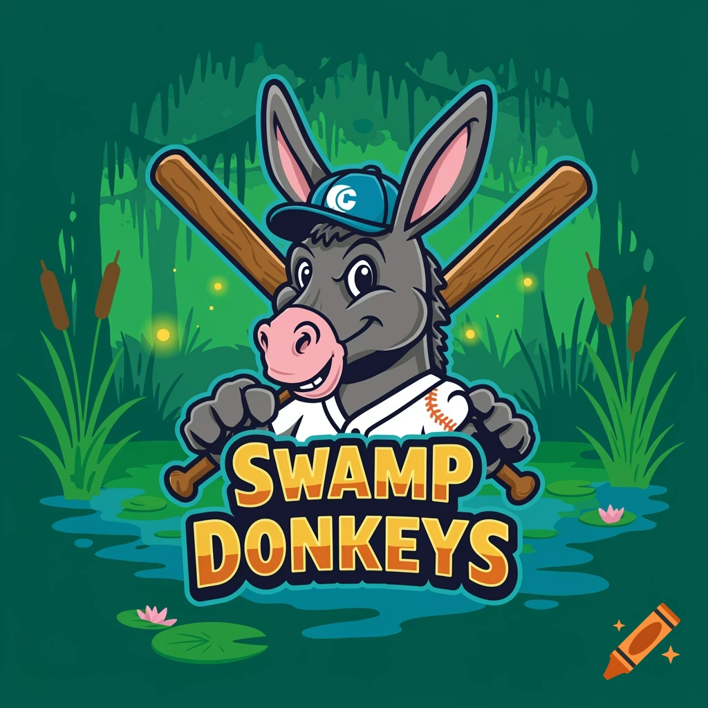 Cartoon donkey baseball mascot holding a bat with 'SLUGGERS' text below ...