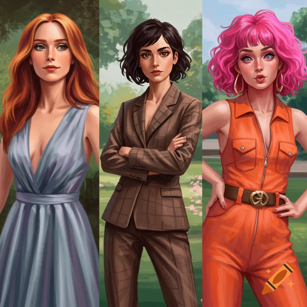 Three women in different outfits in a vibrant garden illustration. on ...