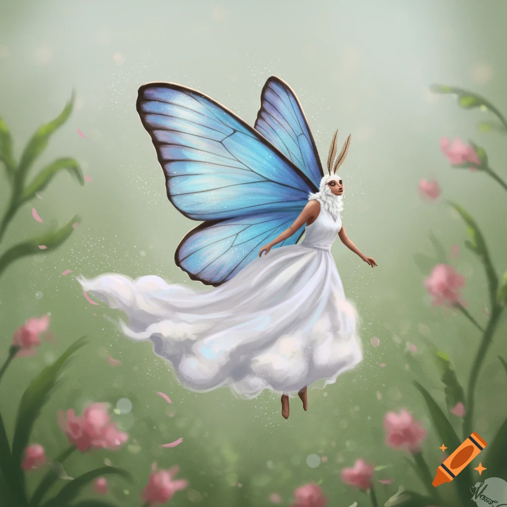 Blue moth in white flowy dress on Craiyon
