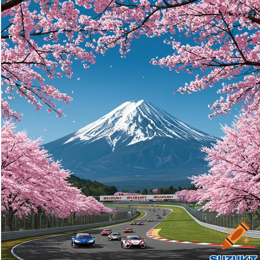 Cars racing on a track with cherry blossoms and Mount Fuji in the ...